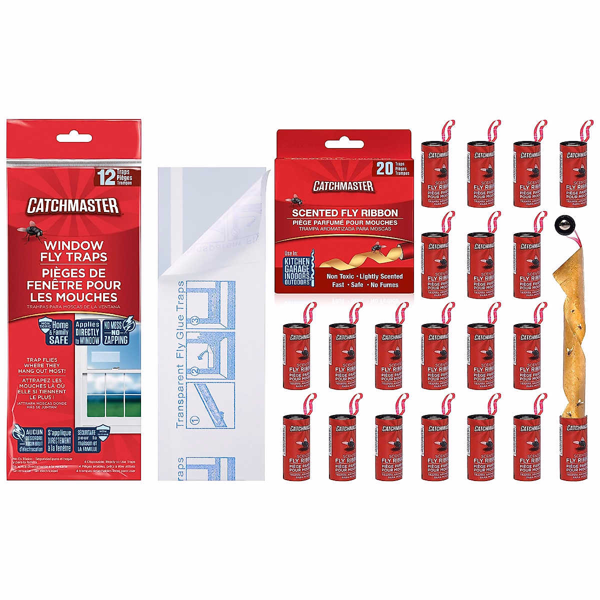 Catchmaster Fly Trap Bundle, Window Fly Traps 12-Pack & Fly Ribbon 20-Pack, Bug & Fly Traps for Indoors and Outdoors, for Garage, Backyard, Pool, & Patio