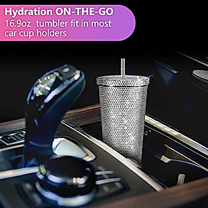 Xigugo Bling Water Bottle,Bling Cup -16.9oz Stainless Steel Rhinestone Cup with Lid and Straw,Handmade Decorations Individually Diamond Glitter Gift for Women Mom Girlfreind (silver)