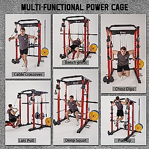 MAJOR LUTIE Power Cage with 230LBS Competition Bumper Plates and Olympic Barbell, PLM03 All-in-One Power Rack with Adjustable Cable Crossover System and Exercise Machine Attachment Red