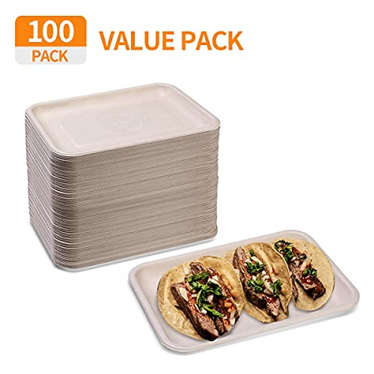 Celel 100 Pack 8 Inch Rectangle Paper Plates Heavy Duty, Bend-Resist Compostable 8 inch Disposable Trays for Taco, Burrito, Meat, Hot Dog