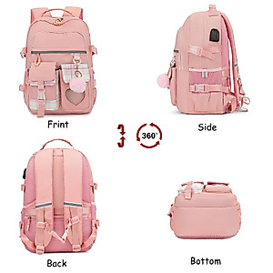 Makukke School Backpack for Girls, School Bag Kids Elementary College Backpacks Bookbags for Teen Girls Women Students Travel Daypack, Pink Backpack