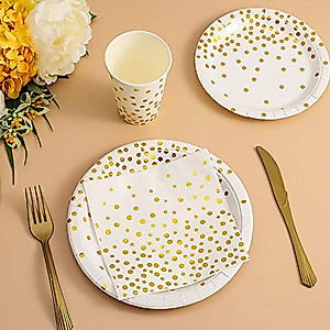 White and Gold New Year Eve 2025 Party Supplies 150PCS Golden Dot Disposable Party Dinnerware Includes Paper Plates, Napkins, Knives, Forks, 12oz Cups, Banner, for Bridal Shower, Wedding, Serves 25