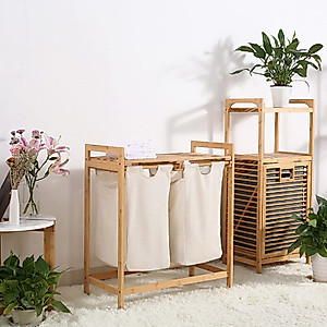 Bamboo Laundry Hamper Basket,Portable Laundry Basket,2 Sections Laundry Clothes Hamper Sorter with Removable Sliding Bag Shelf,Storage Wooden Laundry Sorter for Bedroom,Laundry,Bathroom