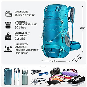 WTVIDAS 50L Lightweight Hiking Backpack for Women and Men with Rain Cover,Outdoor Sport Travel Daypack for Climbing Touring(lake blue)