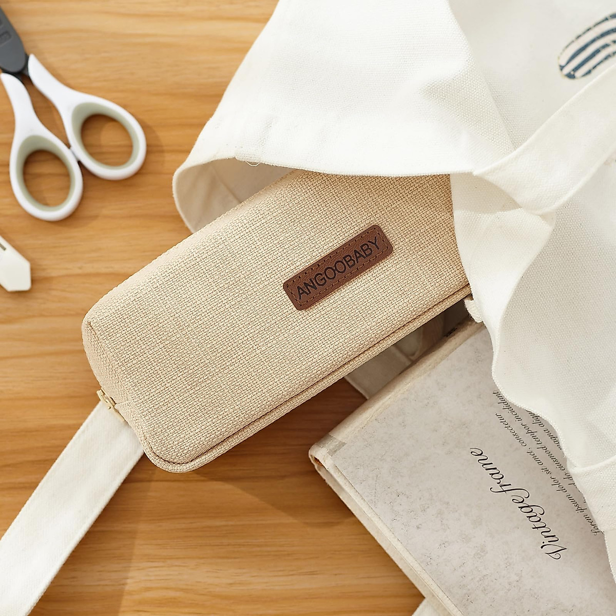 ANGOOBABY Small Pencil Case Student Pencil Pouch Coin Pouch Cosmetic Bag Office Stationery Organizer For Teen School-Beige