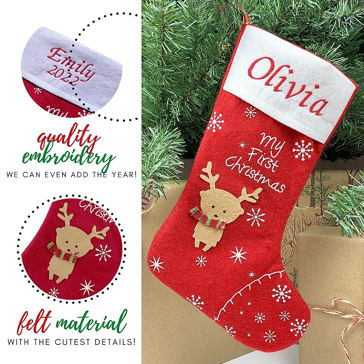 NC Embroideries Babys First Christmas stocking – Reindeer Personalized Baby Gift 2022, Customized Baby’s 1st Name or Initial Embroidered For Boy or Girl, Custom Gifts for Babies or Grandbaby