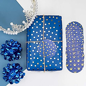 MAYPLUSS Wrapping Paper Set - Mini Roll with Bow & Ribbon & Gift Tags & Stickers - 17 inch X 120 inch Per roll - Royal Blue Design (42.3 sq.ft.TTL)