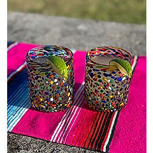 Hand Blown Mexican Drinking Glasses – Set of 6 Confetti Rock Tumbler Glasses (10 oz each)