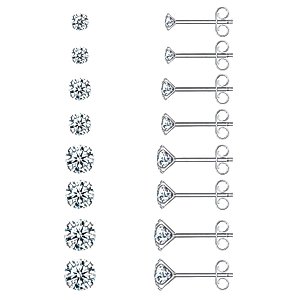 Earrings for Women, 8 Pairs Stud Earrings Set for Men, COMOSO 18K White Gold Plated S925 Sterling Silver Cubic Zirconia Earrings Studs 3-6mm, Birthday Christmas Gift
