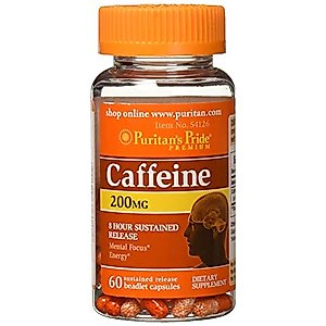 Puritans Pride Caffeine 200 Mg 8-Hour Sustained Release, 60 Count (Pack of 1) Package may vary