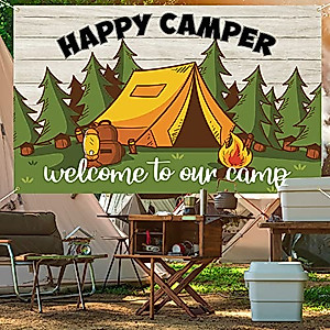 Roetyce Camping Themed Party Decorations Happy Camper Banner Backdrop 5.9 x 3.6 Ft, Outdoor/Indoor Family Camp Gatherings Decor Forest Campfire Photo Background Camping Birthday Party Supplies