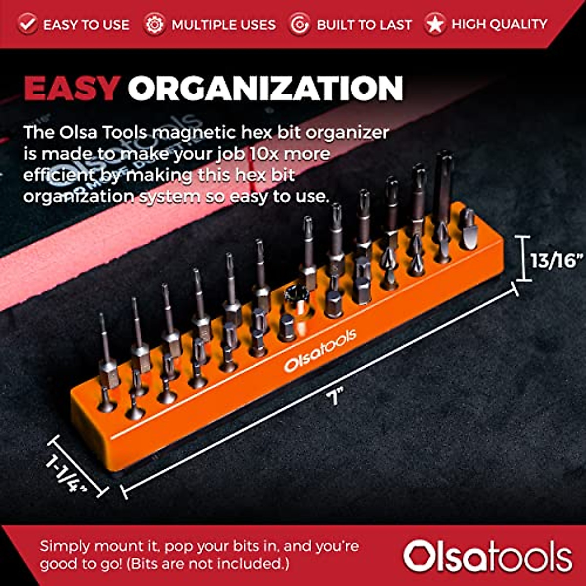 Olsa Tools Professional Hex Bit Organizer with Magnetic Base | Professional Quality Hex Bit Holder for Your Specialty, Drill or Tamper Bits (Orange)