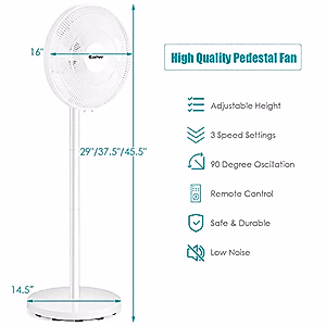 COSTWAY 16-Inch Standing Pedestal Fan, Height Adjustable 90° Oscillating Fan with Remote Control, 3 Wind Speeds & 60° Tilt, Quiet 7-Blade Stand Fan for Bedroom, Living Room, Home, Office, White