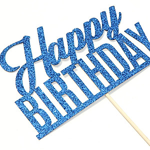 INNORU Blue Glitter Happy Birthday Cake Topper, Anniversary Party, Birthday Sign Cake Topper, Adults Children Teenager Birthday Party Cake Decoration Supplies