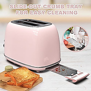 Toaster 2 slice,Retro Stainless Steel Toaster with 6 Settings, 1.5 In Extra Wide Slots, Bagel/Defrost/Cancel Function, Removable Crumb Tray (Baby pink)