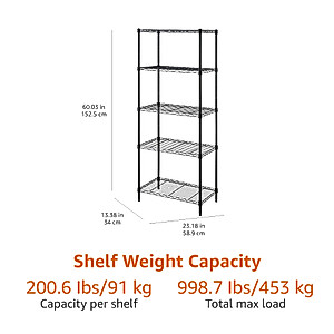 Amazon Basics 5-Shelf Adjustable Storage Shelving Unit, 200 Pound Loading Capacity per Shelf, Steel Organizer Wire Rack, 24 x 14 x 60 Inches (LxWxH), Black