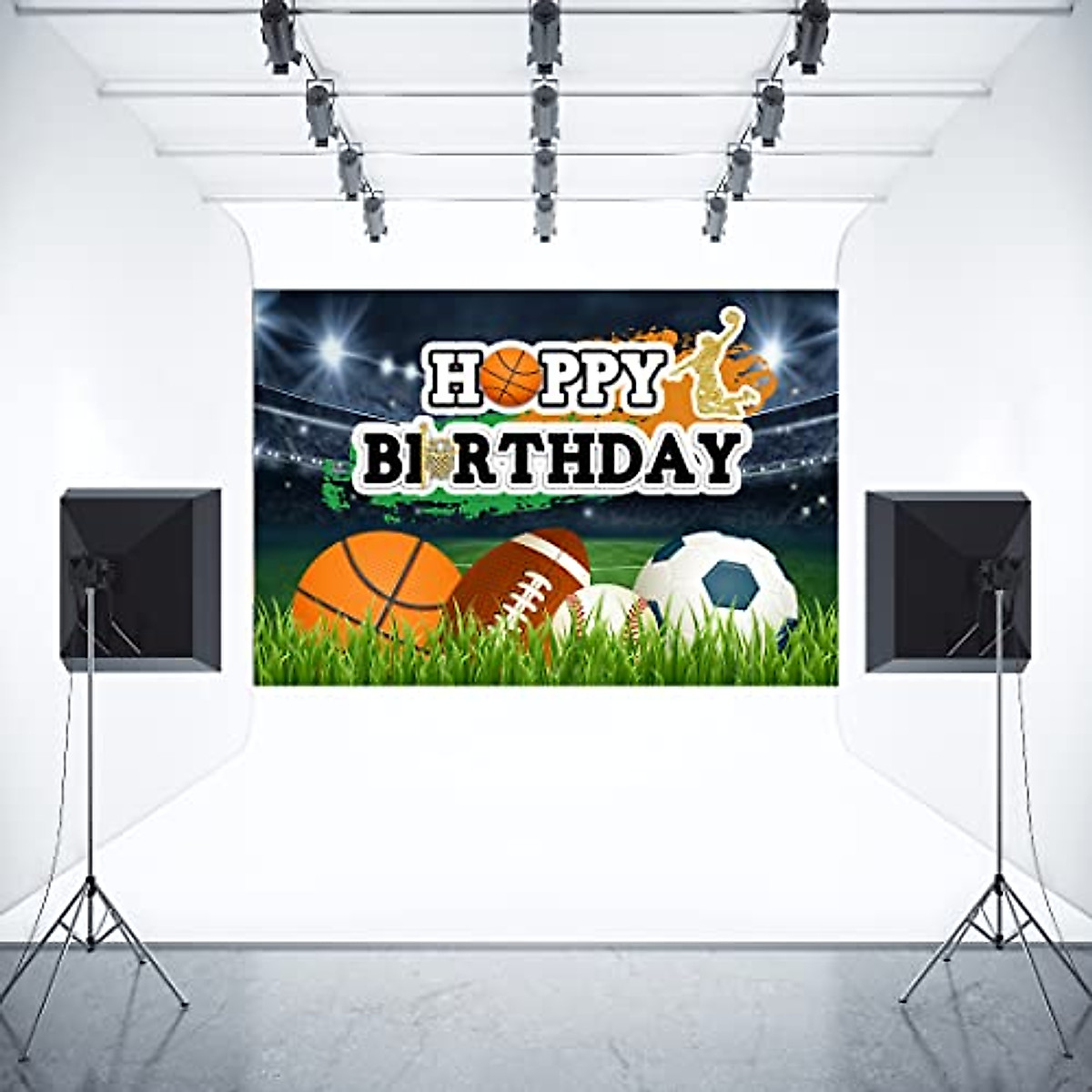 Aperturee 7x5ft Ball Sports Happy Birthday Backdrop Kids Boys Stadium Game Lawn Photography Background Baseball Football Basketball Rugby Portrait Party Decoration Cake Table Photo Studio Booth Prop
