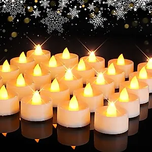 Homemory Value 24Pack Flameless LED Candles Tea Lights Battery Operated, 200+Hours Electric Fake Plasitc Candles Tealights for Votive, Halloween, Pumkin, Ofrenda, Diya, Table Decor, Funeral, Amber
