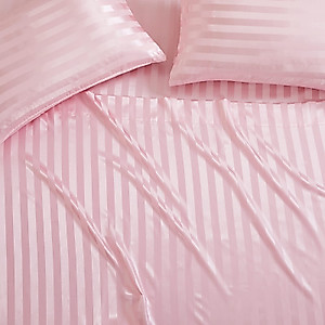 P Pothuiny Queen Satin Bed Linen Set, 6 Pieces Blush Pink Striped, Luxury Bedding with 1 Fitted Sheet, 1 Flat Sheet, 4 Pillowcases