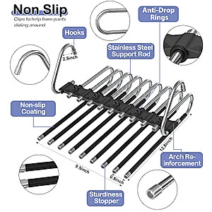 Upgrade 9 Layers Pant Hangers Space Saving, Non Slip Stainless Steel Multifunctional Pants Rack S-Type Clothes Pant Closet Hanger Organizer with Hooks for Pants Jeans Trousers Scarf (4 Pack, Black)