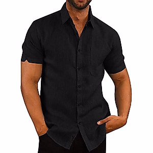 JEKAOYI Button Down Short Sleeve Linen Shirts for Men Summer Casual Cotton Spread Collar Beach Shirts (Black, X-Large)