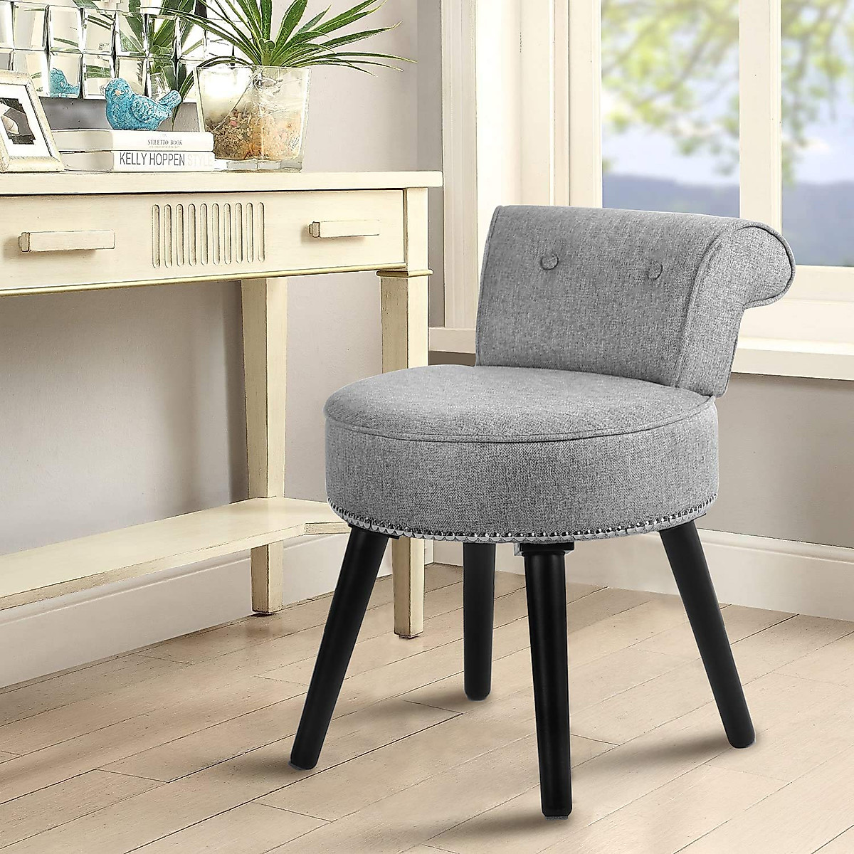 VEIKOU Vanity Chairs, Vanity Chair with Back, Makeup Chair with Round Padded, Bathroom Vanity Chair with Wood Legs, Grey