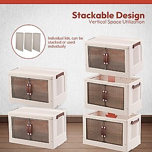 PROKTIK 30 QT 3 Tier Folding Storage Bins with Doors – Magnetic Door Foldable Storage Cabinet - Folding Storage Box with Leather Handles - Stackable and Collapsible Storage Container for Books, Pantry