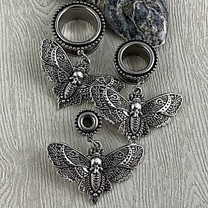 Pair of 316L Steel Screw on Tunnels with Death Moth Dangle (PS-294) (1/2" (12mm))