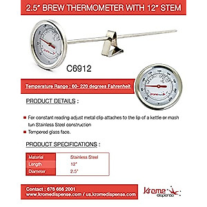 Krome Stainless Steel Instant Read Beverage and Frothing 2.5" Dial Thermometer, 12" Stem - C6912