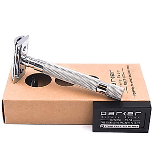 Parker 64S Stainless Steel Handle Double Edge Safety Razor & 5 Premium Blades