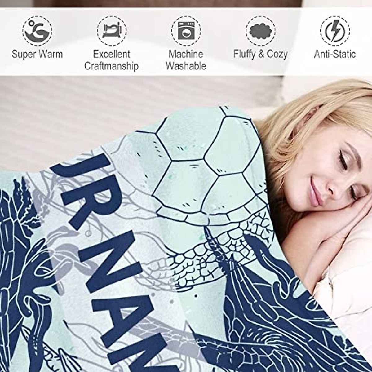 Personalized Sea Turtle Blanket with Name - Soft, Fuzzy & Warm - 40"x50" Small Blanket for Couch, Sofa - Blue Cute Throw Gifts for Adults, Kids