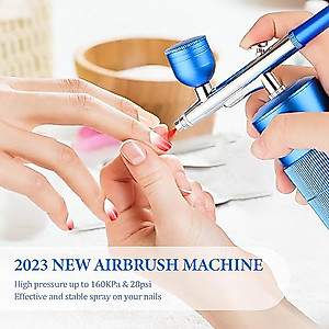 Airbrush Kit Machine with Compressor, Rechargeable Handheld Airbrush, Professional Cordless Air Brush Portable for Nail Art, Makeup, Barber, Cake Decor, Painting (Blue)