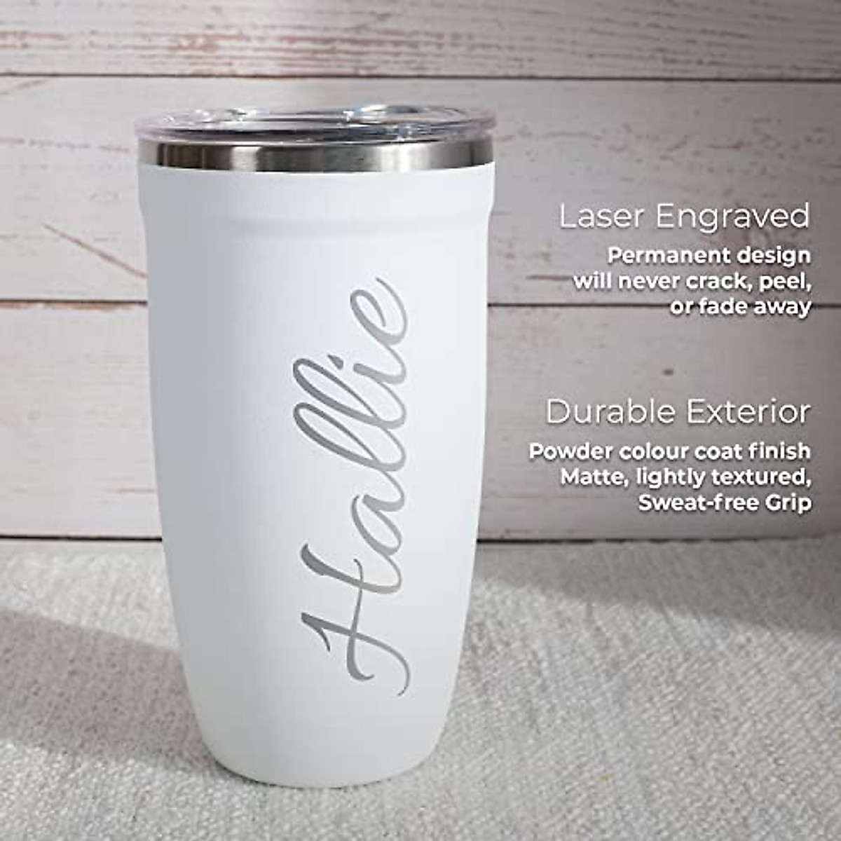Personalized Vertical Name Engraved Insulated Tumbler, 16 oz. Stainless-Steel Travel Mug with Slide Lid, Custom Gift (Snow)