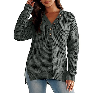 ANRABESS Womens Oversized Sweater Long Sleeve Loose V Neck Button Jumper Casual Waffle Side Slit Knit Pullover 2024 Clothes X-Large Gray Green
