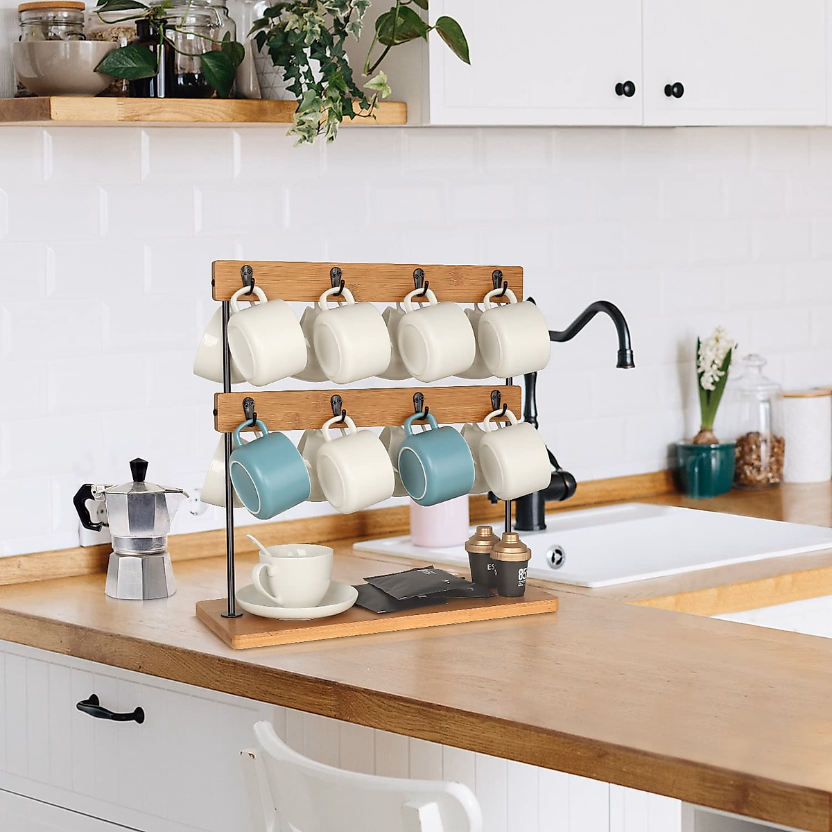 Aomomery Rustic Coffee Mug Holder Stand, Bamboo Mug Tree for 16 Hooks, 2-Tier Countertop Coffee Cup Holder with Storage Base for Kitchen