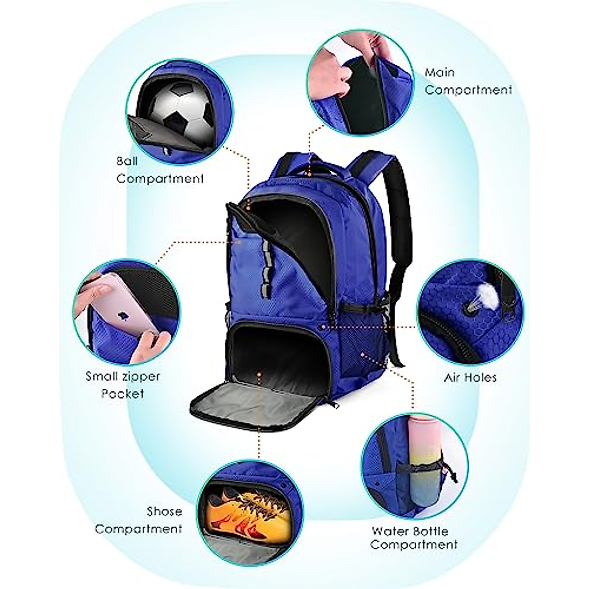 BROTOU Premium Soccer Bag, Basketball Backpack with Separate Cleat and Ball Compartment, Backpack for Rugby & Football & Volleyball & Handball (Blue)