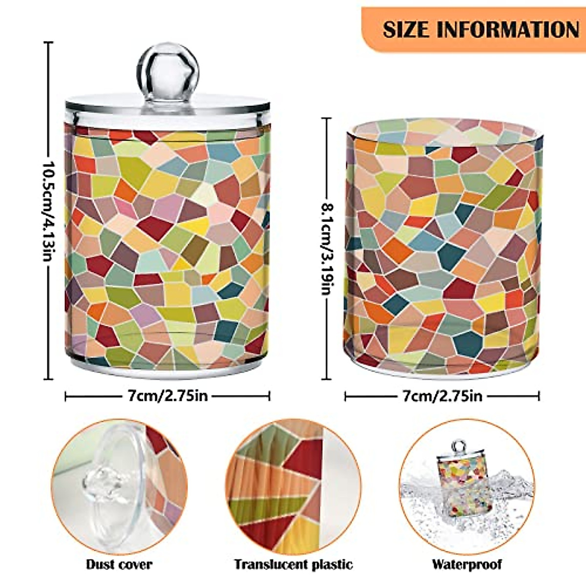 Kigai Colorful Geometry Qtip Holder - 14OZ Clear Plastic Apothecary Jars Bathroom Canister Dispenser Organizer Vanity Storage Jar with Lid for Cotton Ball, Cotton Swab, Floss (4PACK)