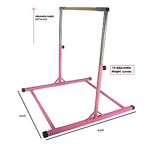 Kids Expandable Kip Bar with Tumble Mat Professional Horizontal Gymnastics Asymmetric Bar 4x6 FT Mat Jungle Gym Height Adjustable 3 to 5 FT Pink
