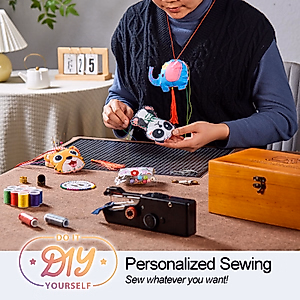 Handheld Sewing Machine, Hand Sewing Machine, Hand Held Sewing Device, Mini Portable Adult Beginner Sewing Kit, Wooden Sewing Box with 153 Pcs Sewing Supplies