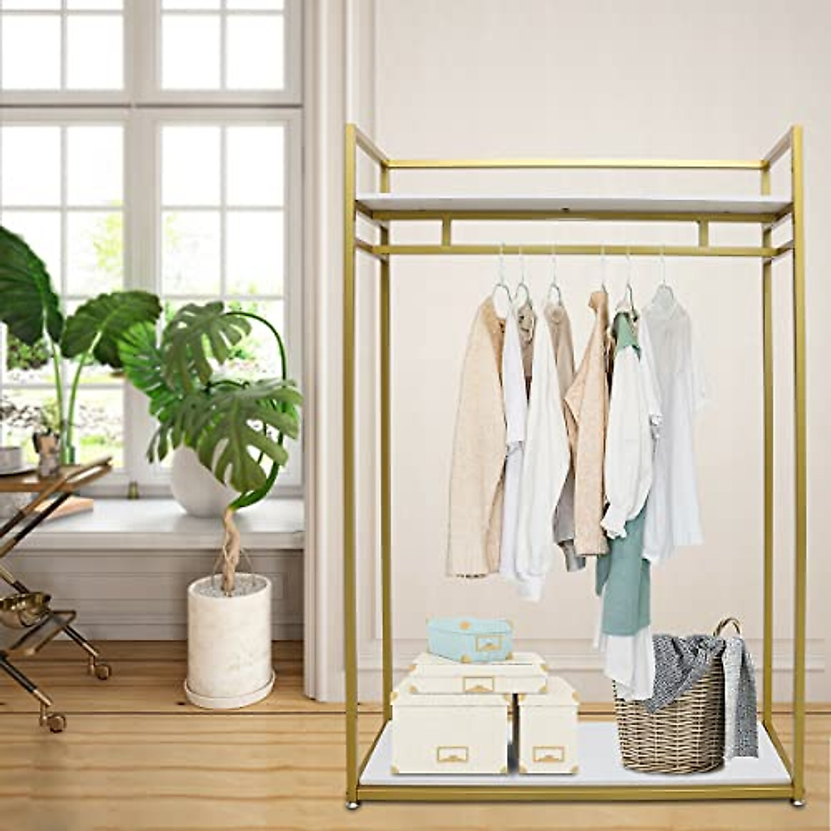2 Tier Gold Clothes Storage Stand Rack Clothes Display Rack Heavy Duty Metal Closet Organizer Large Capacity Garment Rack with Hanging Rods for Wedding Bedroom Store Clothing Organizer(180 cm)