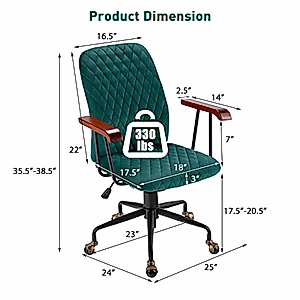 Velvet Home Office Desk Chair with Wooden Armrests, Adjustable Swivel Vintage Mid-Back Leisure Chair with Padded Seat, Task Chair Upholstered Computer Chair for Work Study (Green)