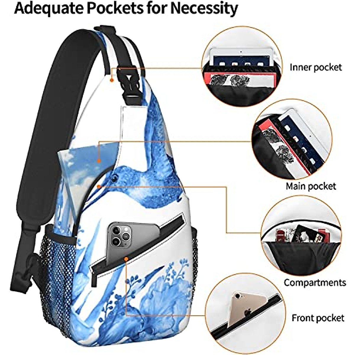 Sling Bag Blue Iris Flower Hummingbird Hiking Daypack Crossbody Shoulder Backpack Travel Chest Pack for Men Women