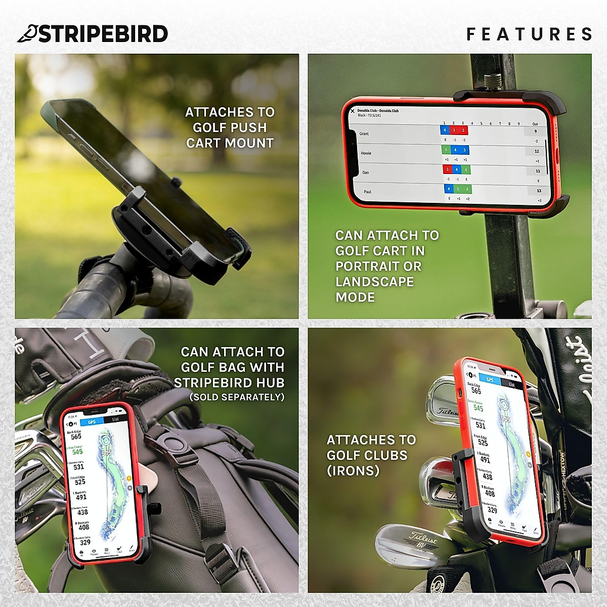 Stripebird - Original Magnetic Golf Cart Phone Holder (Black), Golf Caddy, Coolest Golf Cart Accessories, Cool Golf Gadgets, Slim Smartphone Mount