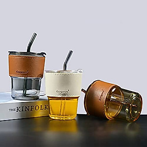 OUSFANAM Drinking Glass Cups With Bamboo-Lid And Straw Iced Coffee-Cup Suitable For Juice Water Soda-Tea Girl Birthday Gift 400ML Spill Proof Straw Cups For Adults