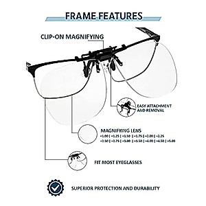Magna-flip Clip on Flip up Magnifiers, 5.00 Power Converts Distance Glasses and Into Reading and Computer Glasses