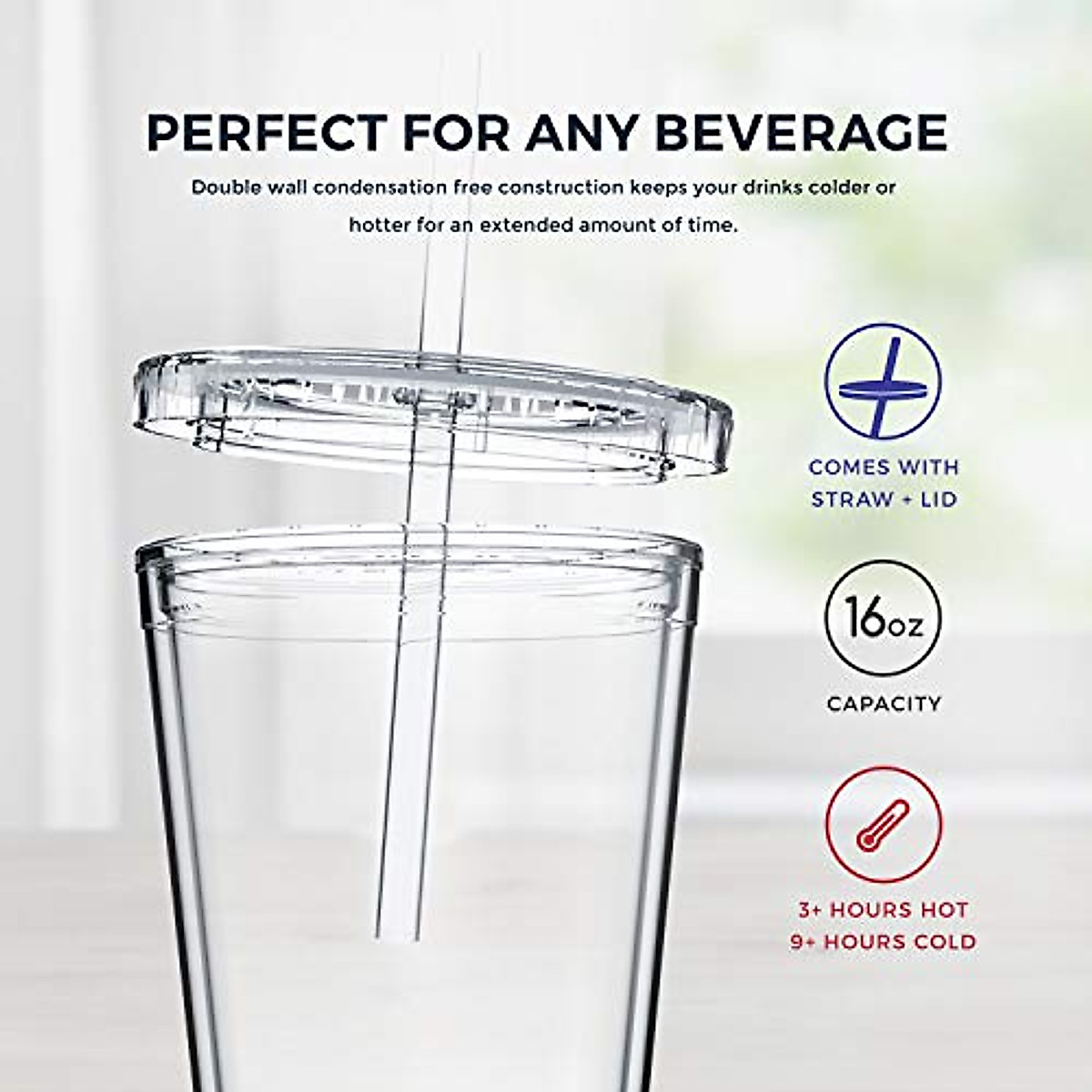 Maars Classic Insulated Tumblers 16 oz | Double Wall, Reusable Plastic Acrylic - Clear | Perfect for Parties, Birthdays, Customization - 4 Pack