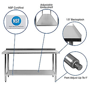 EMMA + OLIVER Stainless Steel 18 Gauge Kitchen Prep and Work Table with Backsplash and Shelf, NSF - 60" W x 24" D