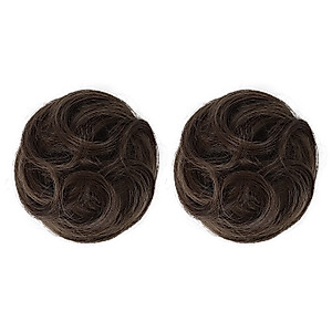 REECHO 2 PCS Mini Claw Clip in Messy & Cat Ears Hair Bun Extensions HB001 Wig Accessory Updo Hairpieces for Women Girls (Pack of 2-3.5" Wavy, Dark Brown with Copper Highlights)