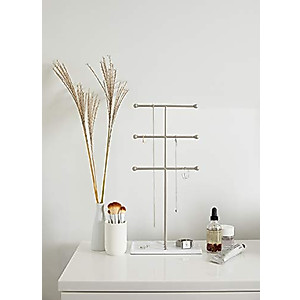 Umbra Trigem Hanging Jewelry Organizer Tiered Tabletop Free Standing Necklace Holder Display, 3, White/Nickel