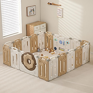 IFLETH Baby Playpen, Foldable Baby Playpen, Playpen for Babies and Toddlers, Baby Fence with Game Panel and Safety Gate, Adjustable Play Pens, Portable Kids Play Yards for Indoor, 18 Panels